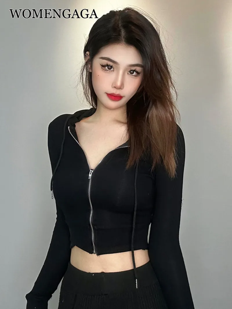 WOMENGAGA Short Tops Fashion Women 2023 Korea Slim Sexy Short Hooded Zipper Sweatshirt Tops ...