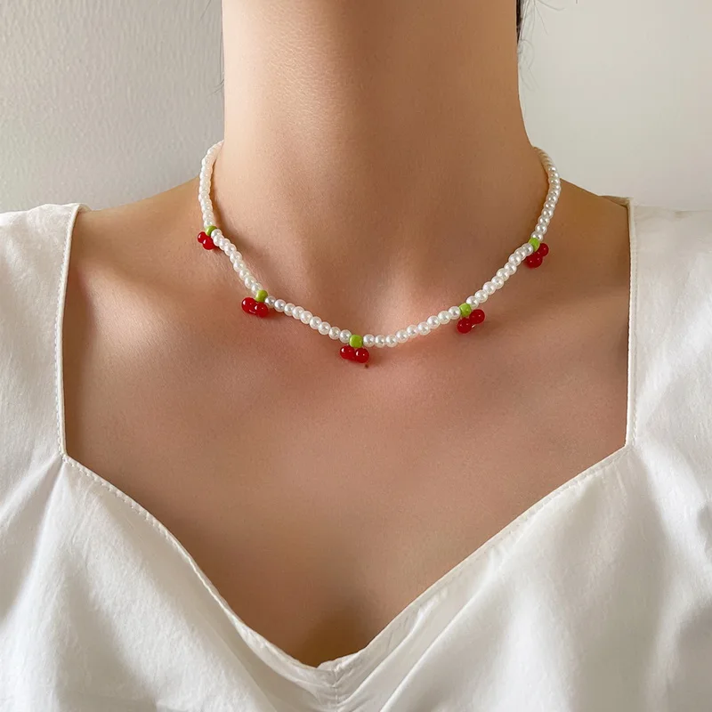 Bohemia Beaded Red Cherry Necklace for Women Cute Handmade Fruits Seed ...
