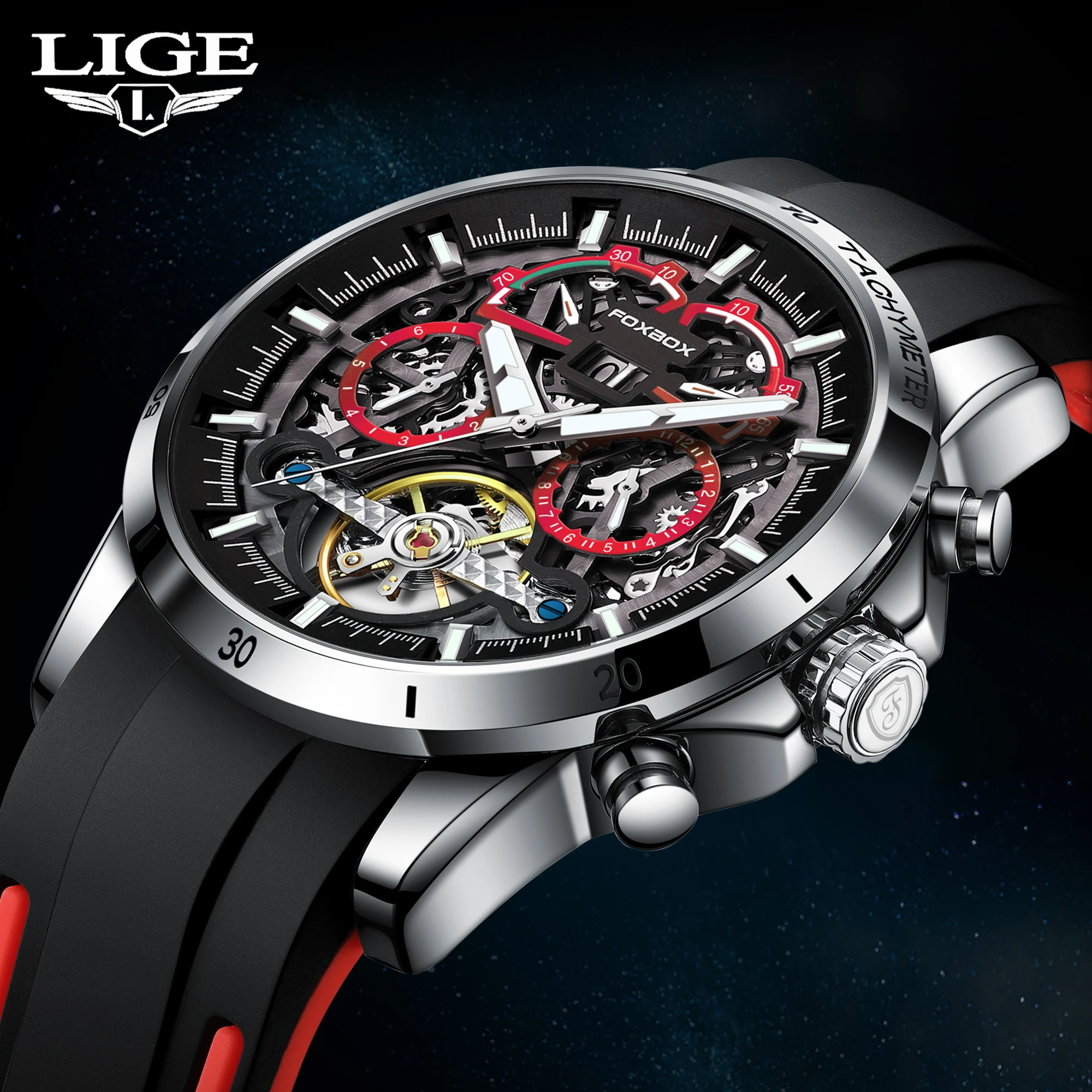 Foxbox Mechanical Watch Silicone Strap Wristwatch Fashion Steel Band ...