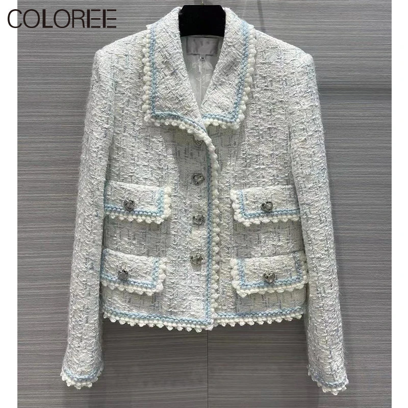 Brand Designers Winter Clothes Women Elegant White Blue Patchwork Tweed ...