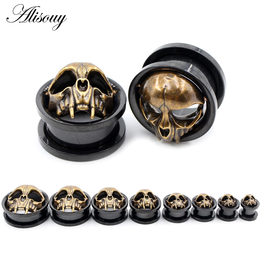 Alisouy 2PCS Black Stainless Steel Skull Skeleton Ear Plugs Tunnels ...