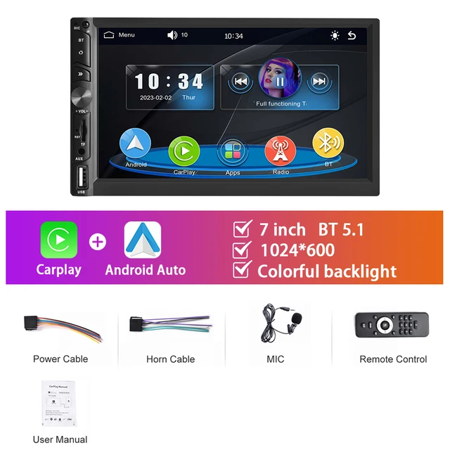 Podofo 2Din 7'' Car Radio Wireless Carplay Android Auto MP5 Autoradio Player HD Touch Screen ...