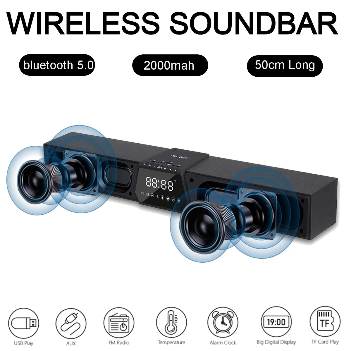 50CM Wireless Soundbar bluetooth Speaker FM Radio Big Digital Display ...