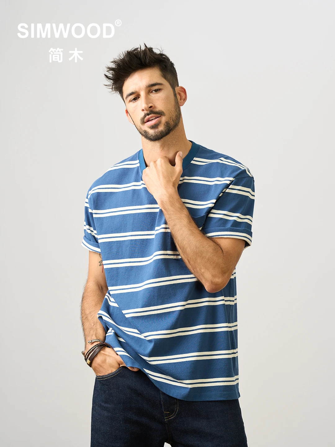 SIMWOOD 2023 Summer New 220g 100% Cotton Fabric Oversize Striped T shirts Men Plus Size Quality ...