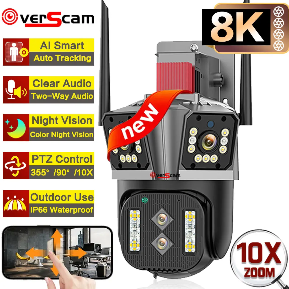 16MP 8K IP Camera 10X Zoom Outdoor Four lenses Three-Screen PTZ WiFi Camera Security Protection ...