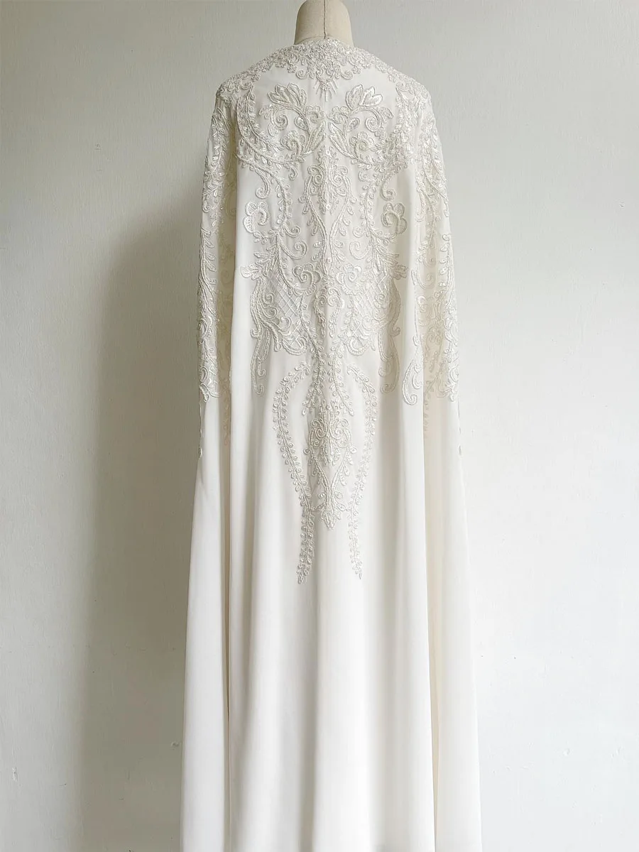 New-Wedding-Cape-Lace-Pearl-Beads-Bridal-Cloak-Floor-Length-Elegant ...