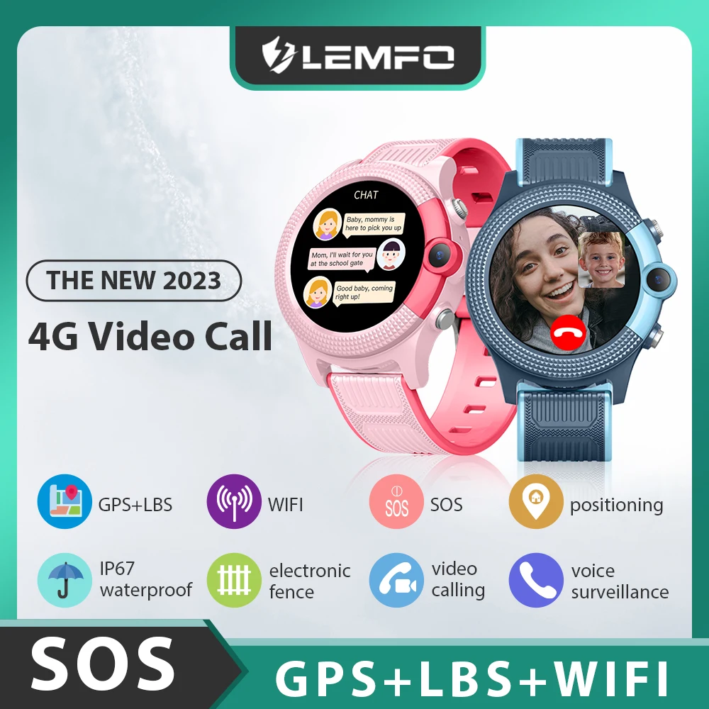 LEMFO 어린이용 스마트 워치, 2023 화상 통화 아기 스마트 워치, GPS 와이파이 LBS 워치, IPX7 방수, 500Mah 대용량 배터리, 4G ...