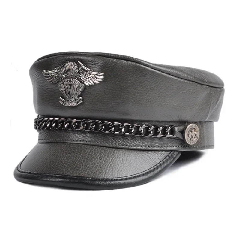 Unisex German Military Cap Punk Man Genuine Leather Flat Top Hat Korean ...