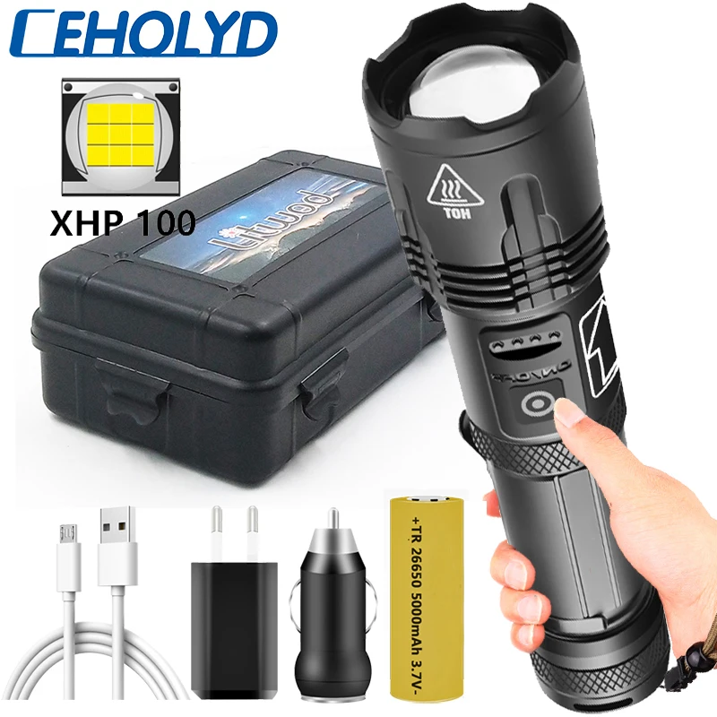 1000000LM XHP100 Led 손전등 보조베터리 기능 토치 18650 또는 26650 충전식 배터리 Zoomable ...