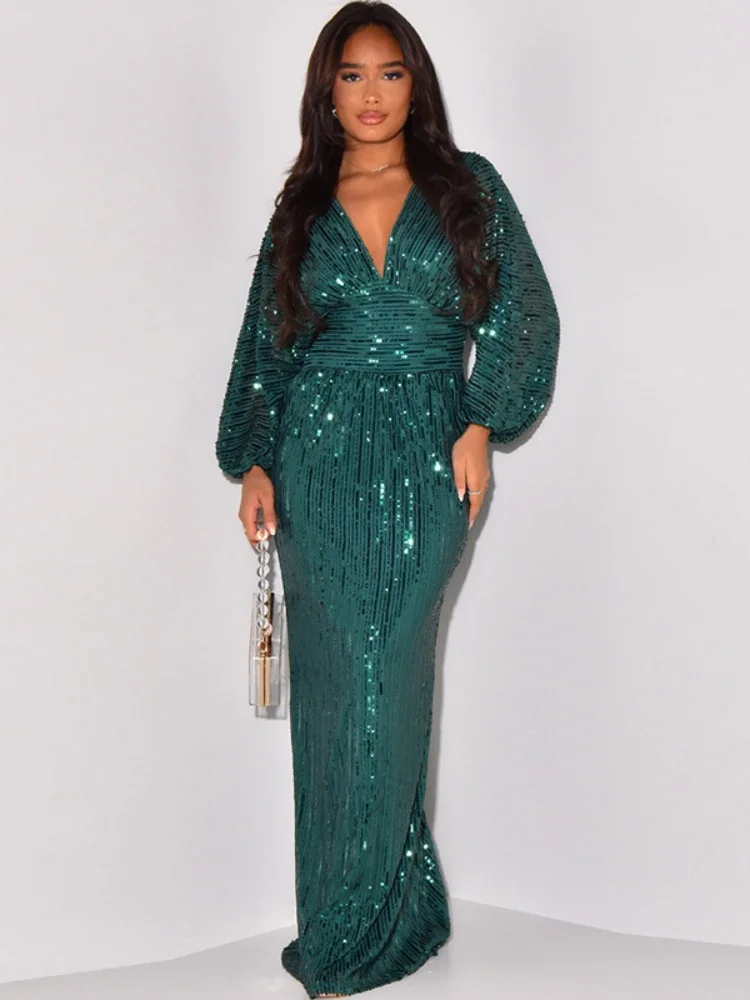 Women-Sequins-Splice-Dress-V-Neck-Full-Sleeve-A-Line-Evening-Dresses ...