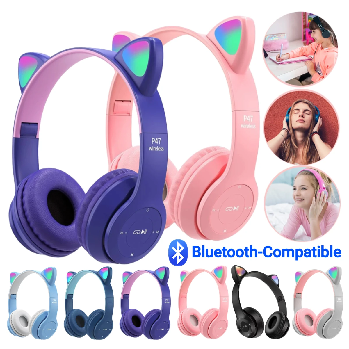 P47M-Wireless-Bluetooth-Headphone-Flash-Light-Cute-Cat-Ears-Fone-with ...