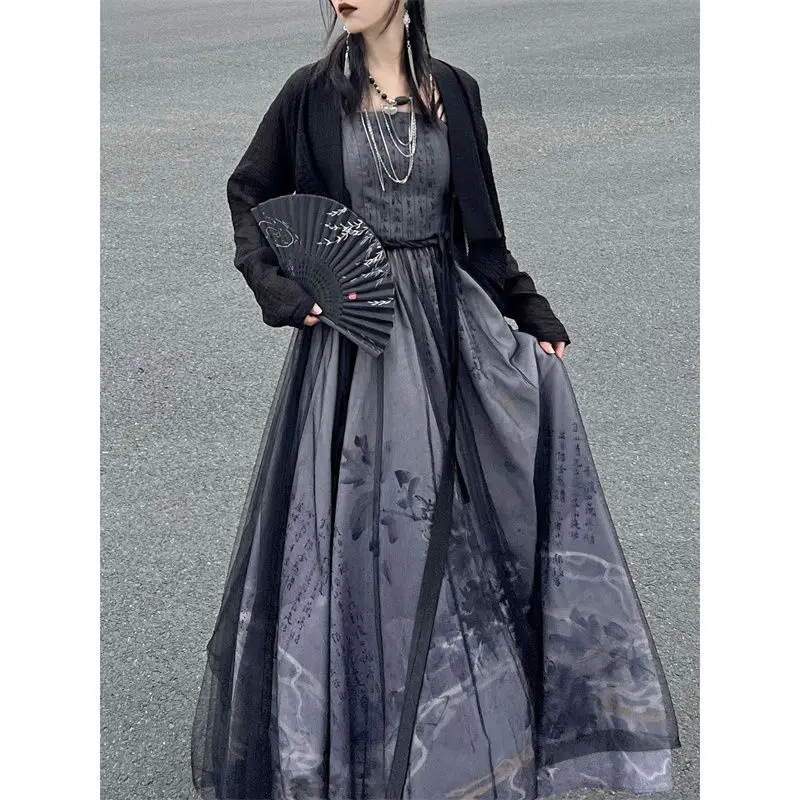 2023 Summer Improved Chinese Traditional Black Printed Hanfu Dress Two ...