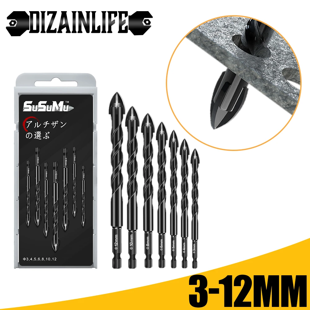 Susumu 3-12mm Cross Hex Tile Drill Bits Set For Glass Concrete Ceramic Hole Opener Brick Hard ...