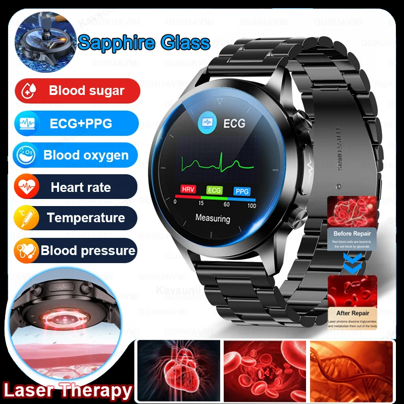2024New-ECG-PPG-Noninvasive-Blood-Glucose-Sapphire-Glass-Smart-Watch-Men-Laser-Therapy-Heart ...