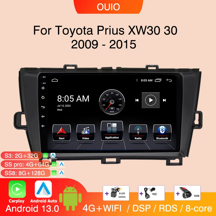 8GB-128GB-4G-Android-13-Radio-For-Toyota-Prius-XW30-30-2009-2015-Car ...