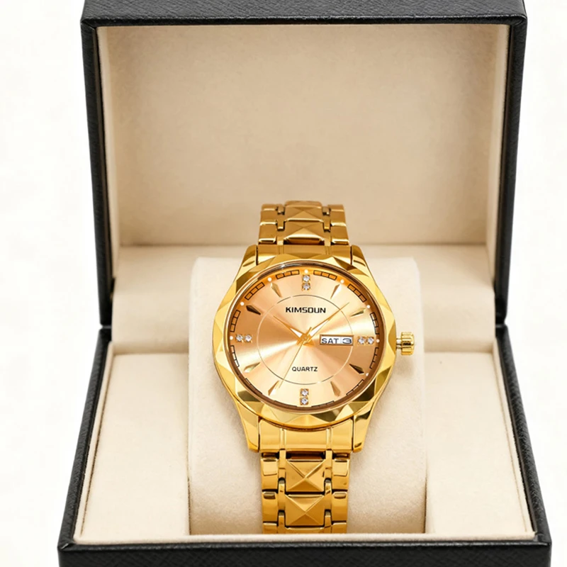 A men's gold-colored classic luxury high-end quartz watch with a steel ...