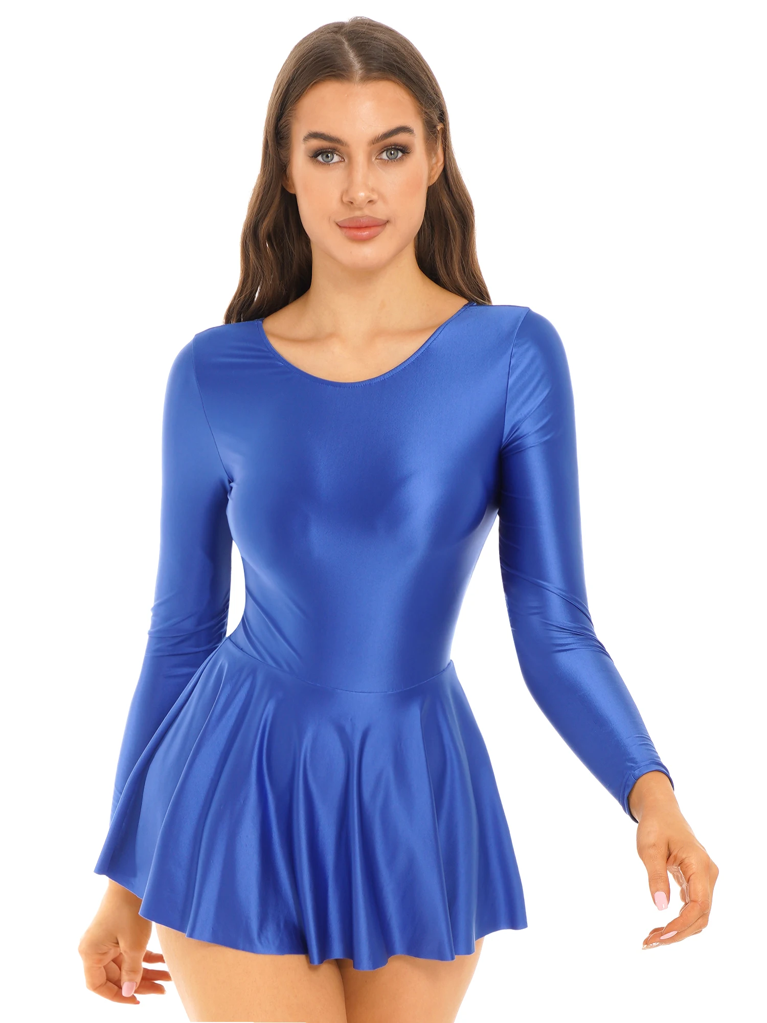 Womens-Solid-Color-Long-Sleeve-Ruffled-Dress-Round-Neck-Leotard-Dresses ...