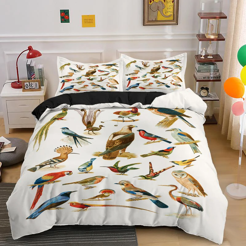 Cartoon Bird Print King Queen Duvet Cover Colorful Cute Pet Birds ...