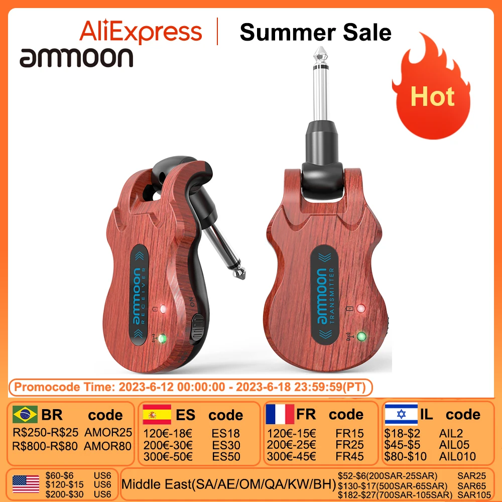 Ammoon 무선 기타 시스템, 오디오 디지털 기타, 무선 송신기 수신기, 충전식 배터리, 100 피트 전송 범위|기타 구성품 ...