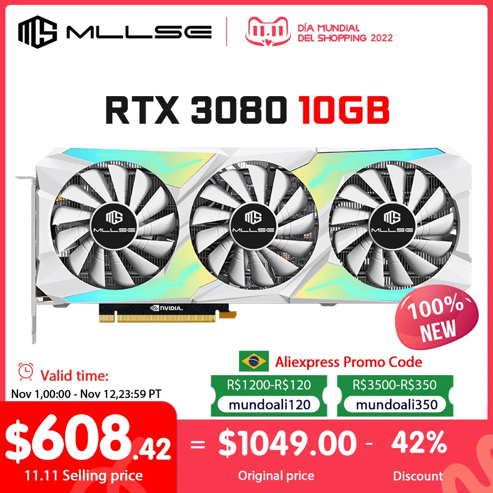 MLLSE 신제품 RTX 100% 10GB NVIDIA 게임 그래픽 카드, NVIDIA GPU 8 핀 + 8 핀 GDDR6X ...