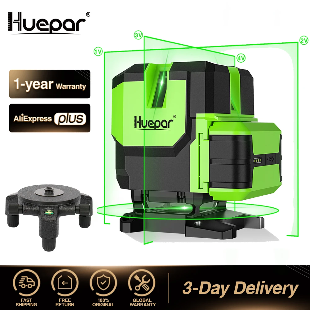 Huepar Multi-line Laser Level Self-leveling Vertical & Horizontal Lines & Plumb Dot Green Cross ...