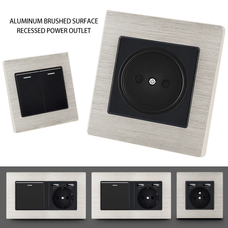 Silver-Brushed-Aluminum-Surface-Switch-Socket-Wall-Panel-Embedded-Power ...