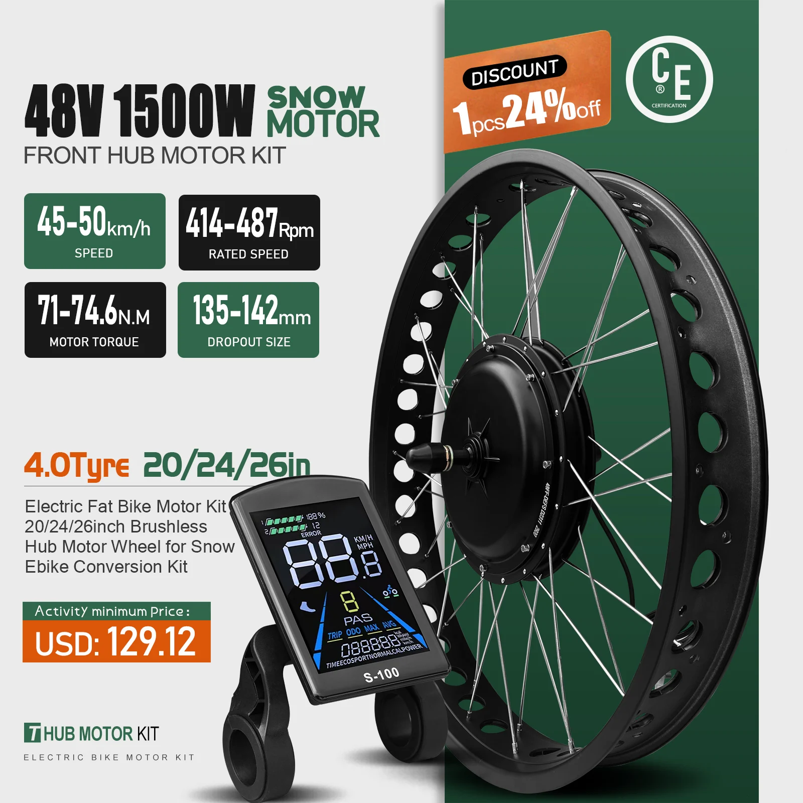 Electric Fat Bike Motor Kit 48V 1500W 4.0Tyre Front Brushless Non-gear ...