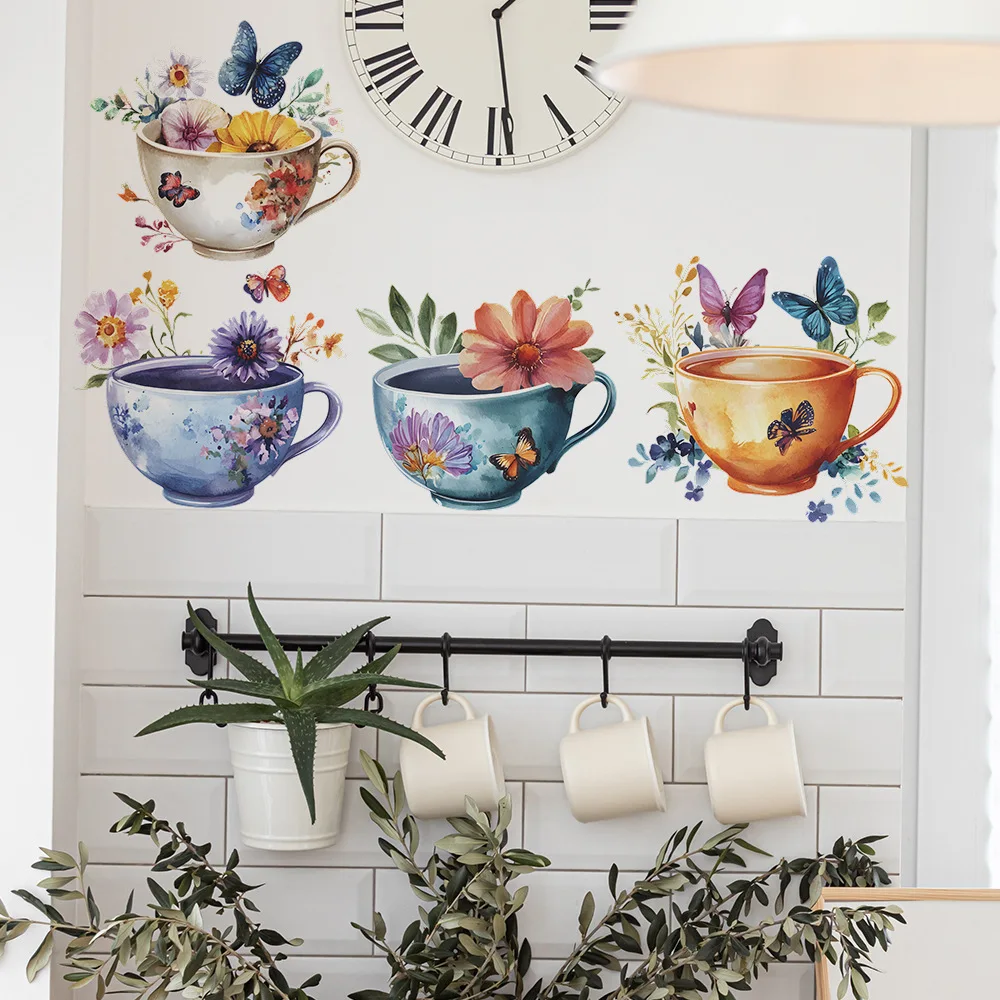 Creative Watercolor Exquisite Tea Cup Wall Sticker For Kitchen ...