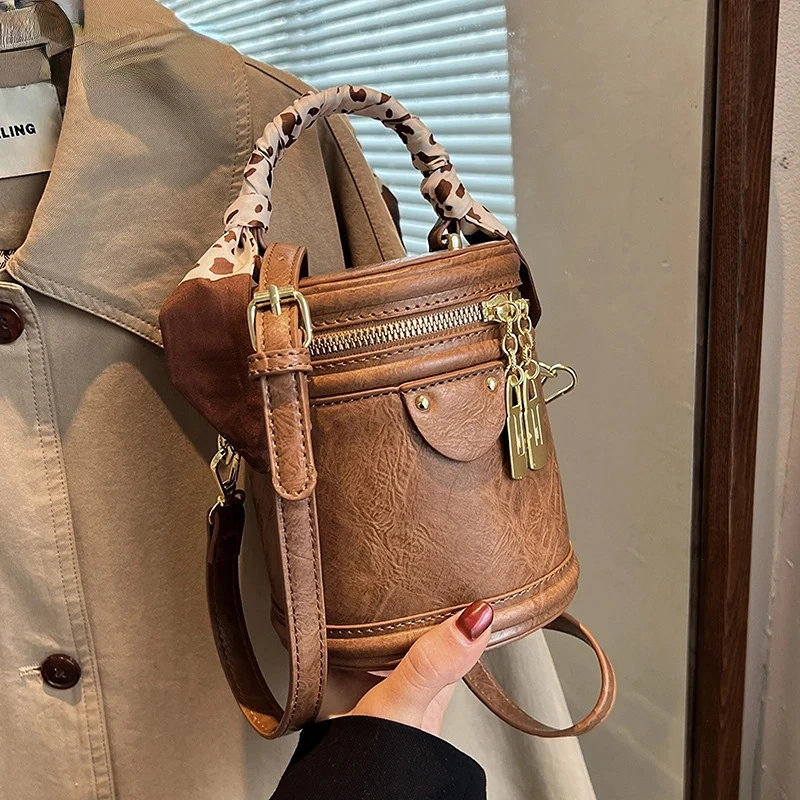 Cylinder Outdoor Handbags Ladies Barrel Shaped Ladies Small PU Shoulder Purses Vintage Fall ...