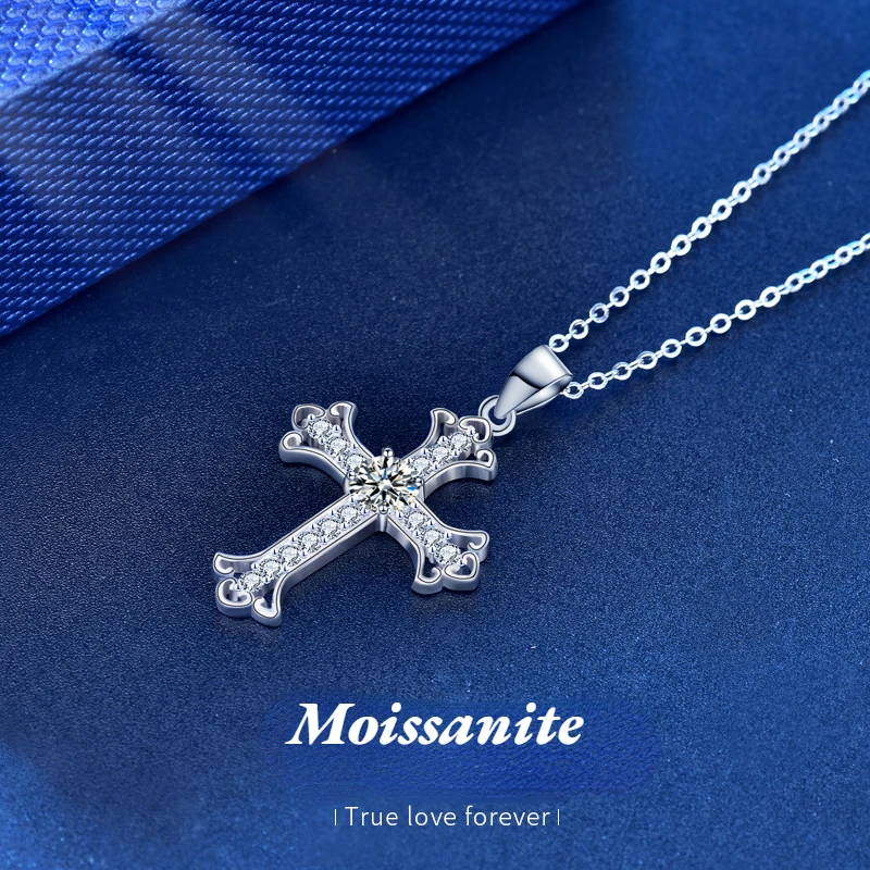 925 Sterling Silver 1.0CT D Color Moissanite Necklace Personality Cross Pendant Clavicle Neck ...