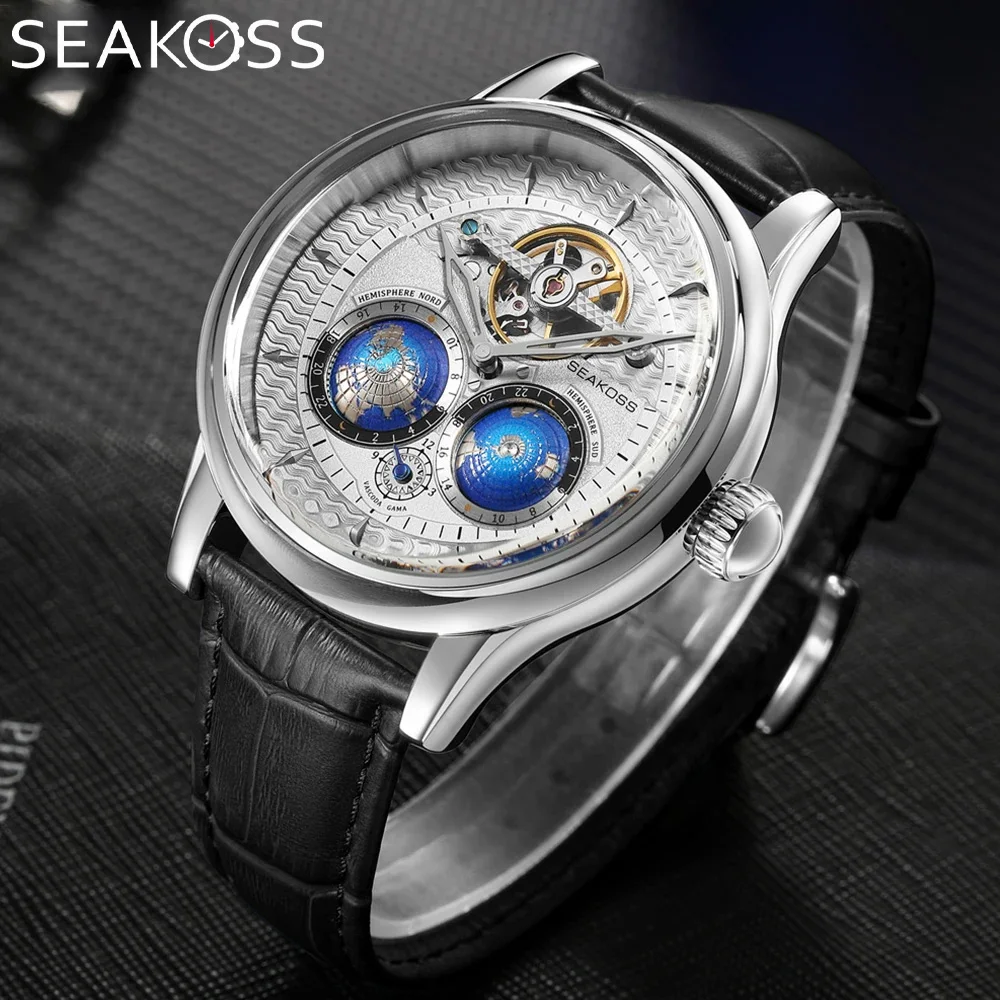 SEAKOSS 47mm Double Earth Rotating Men's Mechanical Watch Automatic ...