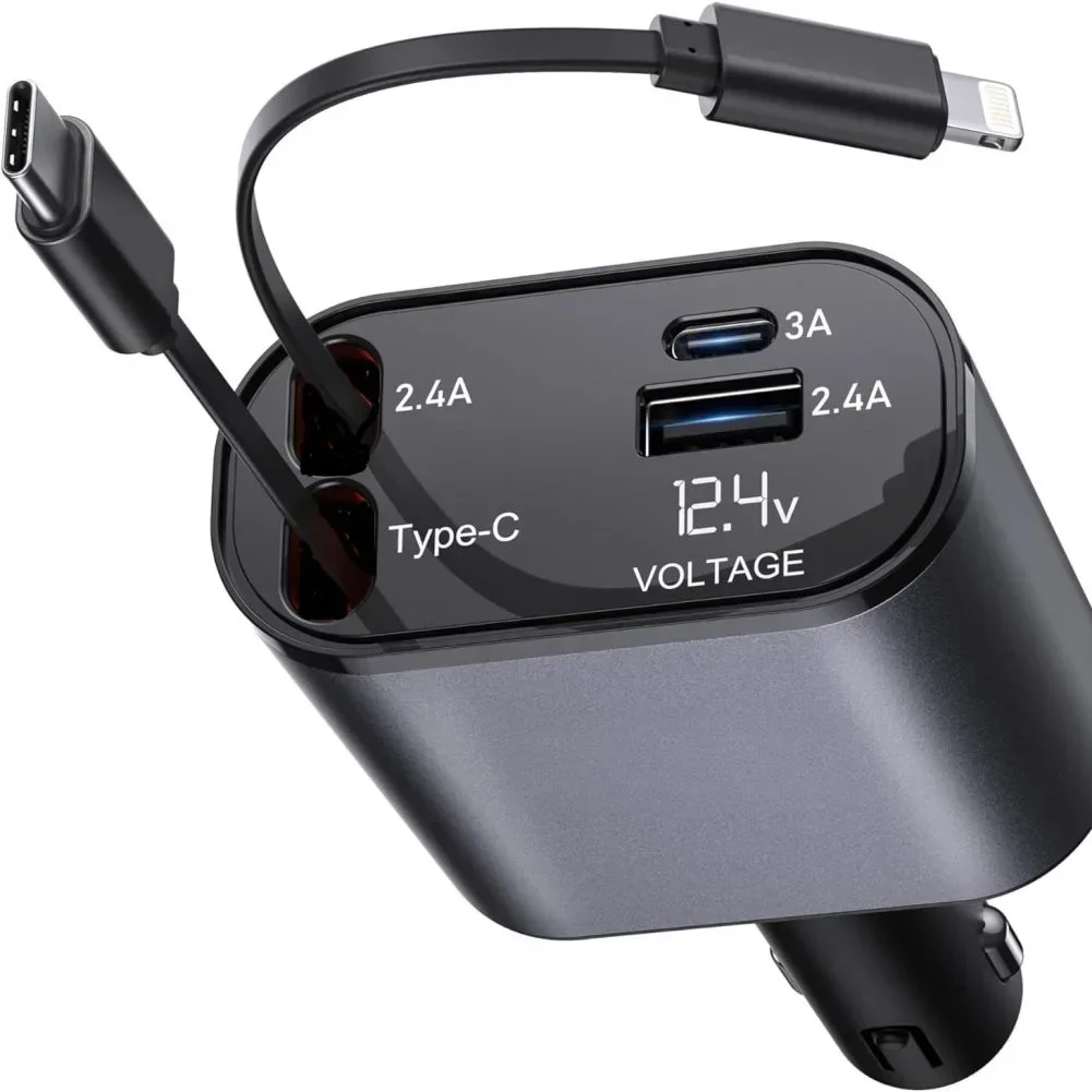 Retractable Car Charger 66W 4-in-1 Fast Car Phone Charger With Dual ...