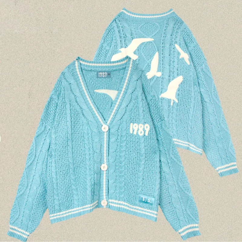 New-Blue-1989-Women-s-Cardigan-Bird-Embroidery-Collar-Lettering-Special ...