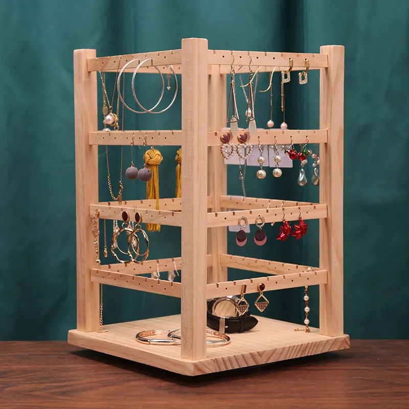 Fashion-Wood-Manual-Rotating-Earrings-Display-Stand-Large-Capacity-Stud ...