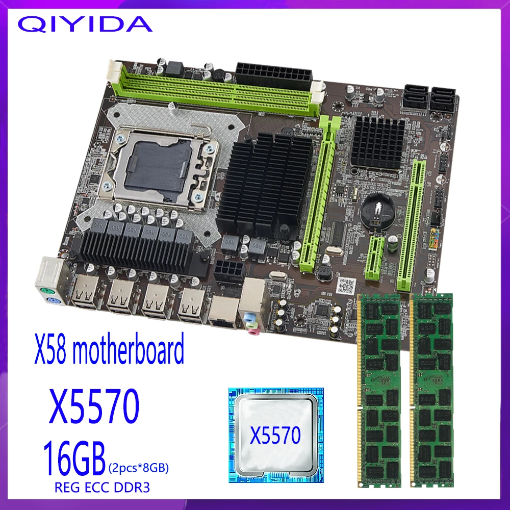 인텔 제온 X5570 프로세서 및 16Gb(2pcs * 8GB) 가 장착 된 X58 데스크탑 마더 보드 LGA1366 세트 키트 ...