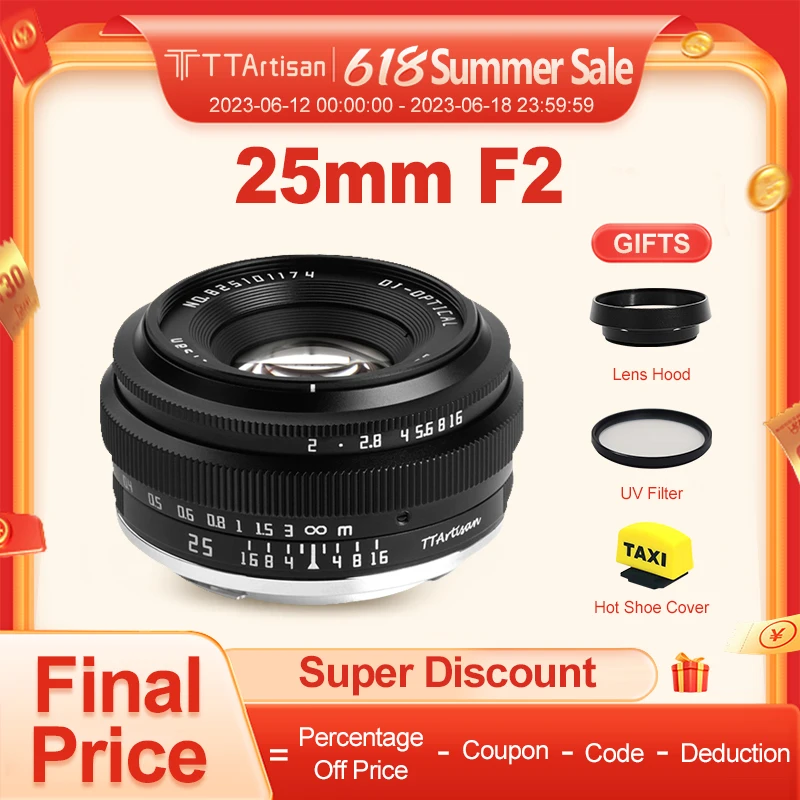 TArtisan Manual Focus Prime Lens, 25mm, F2, APS C Frame, Sony E A6000, A6400, Fuji XT30, XT4 ...