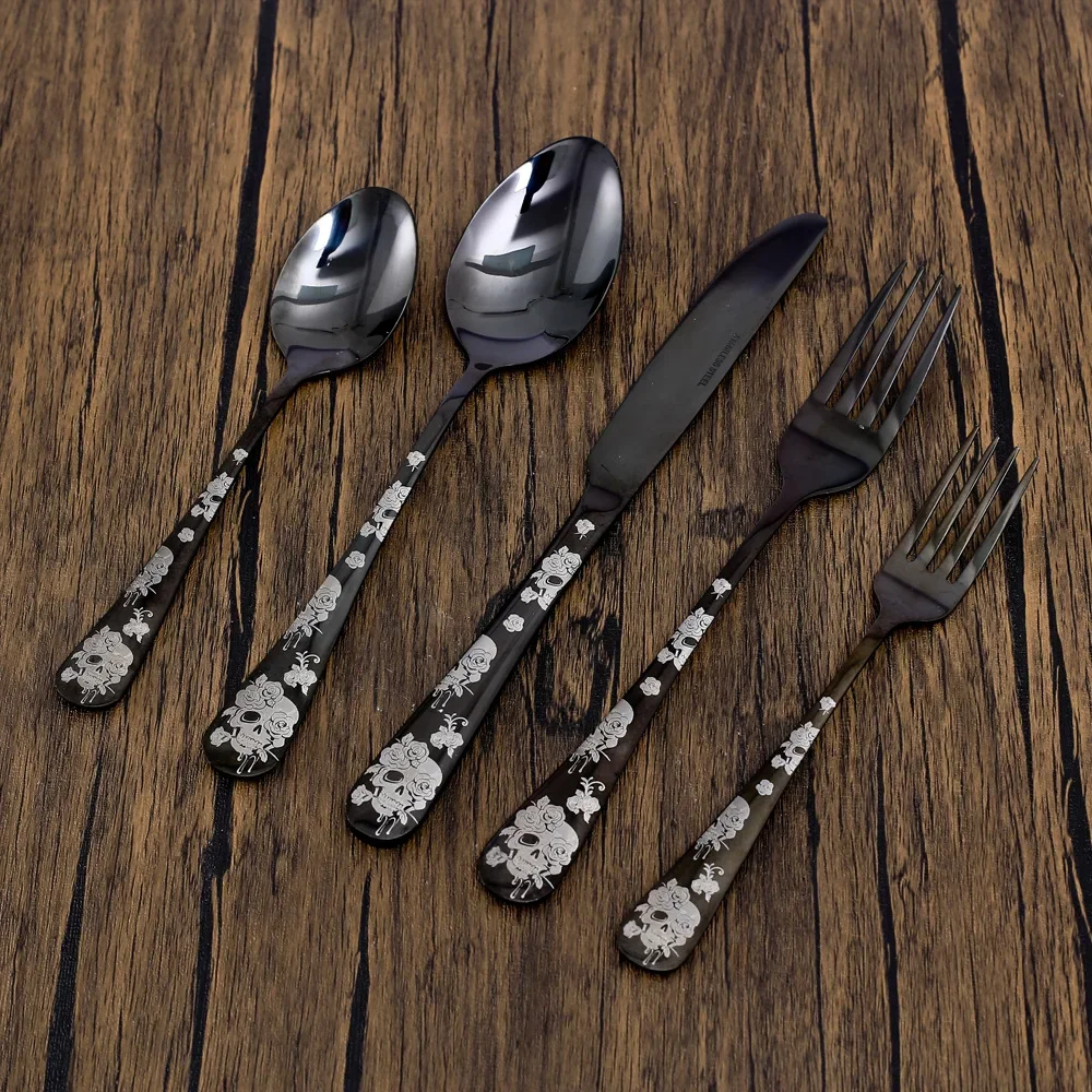 Black-Creative-Carved-Rose-Skeleton-Skull-Stainless-Steel-Tableware-Set ...