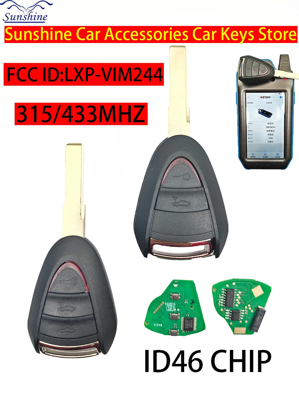 Sunshine ID46 CHIP Car Remote Key For Porsche Carrera Cayman 911 987 ...