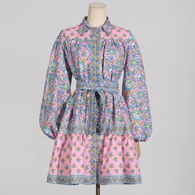 Retro-Personalized-Printed-Lapel-Long-Sleeved-Lace-Up-Waist-Cinching ...