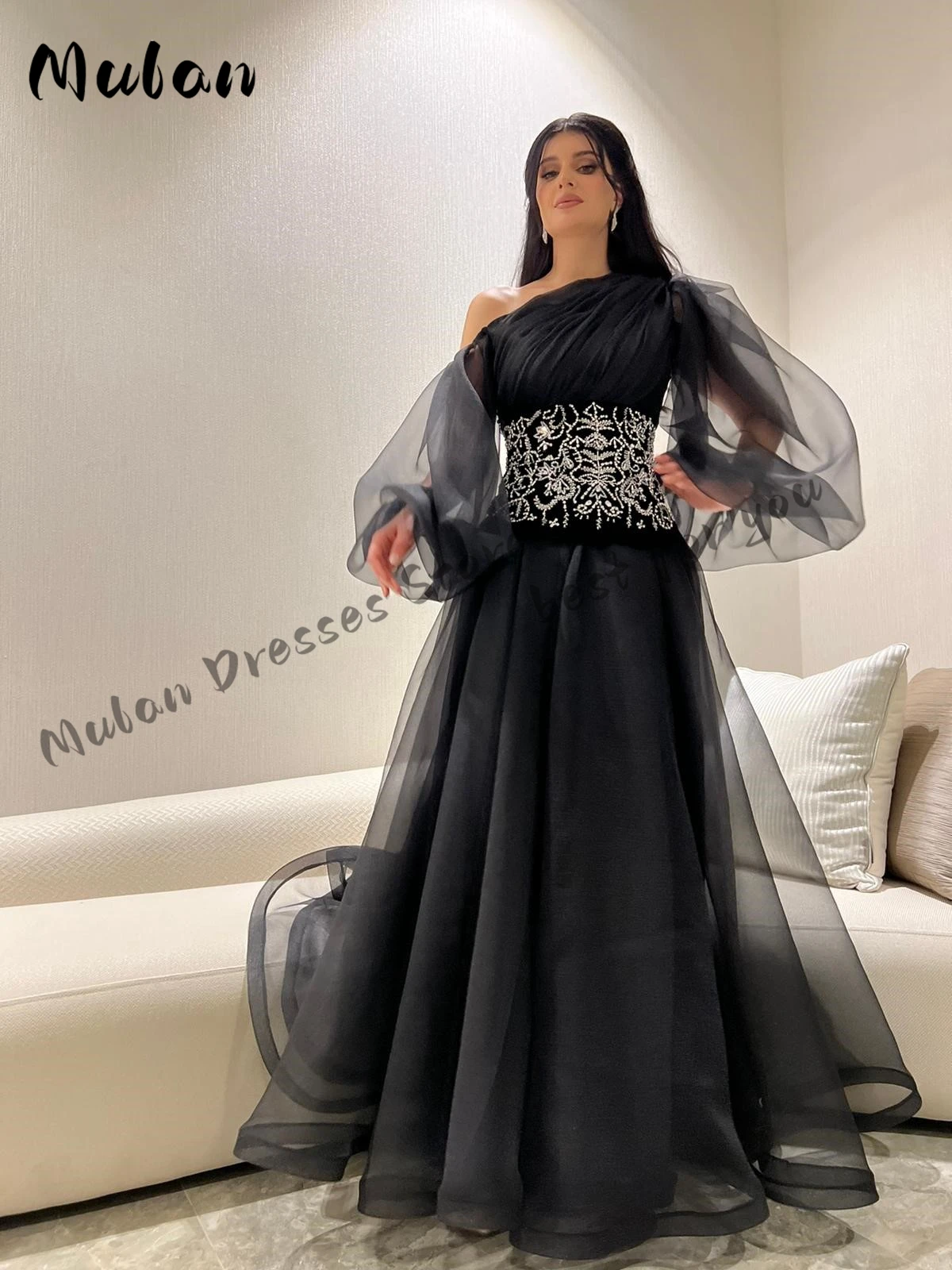 Modern-Saudi-Arabia-Women-Black-Evening-Dresses-Puff-Long-Sleeves ...