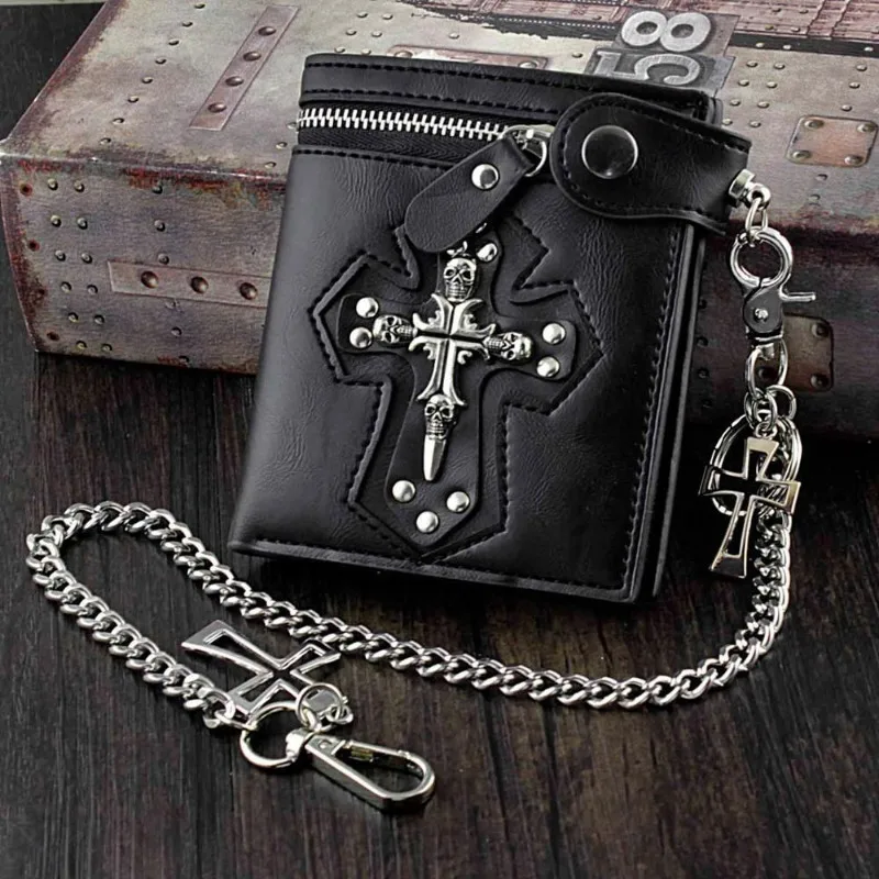 1pcs Gothic Leather Wallet with Vintage Chain & Rivets Skull Cross ...