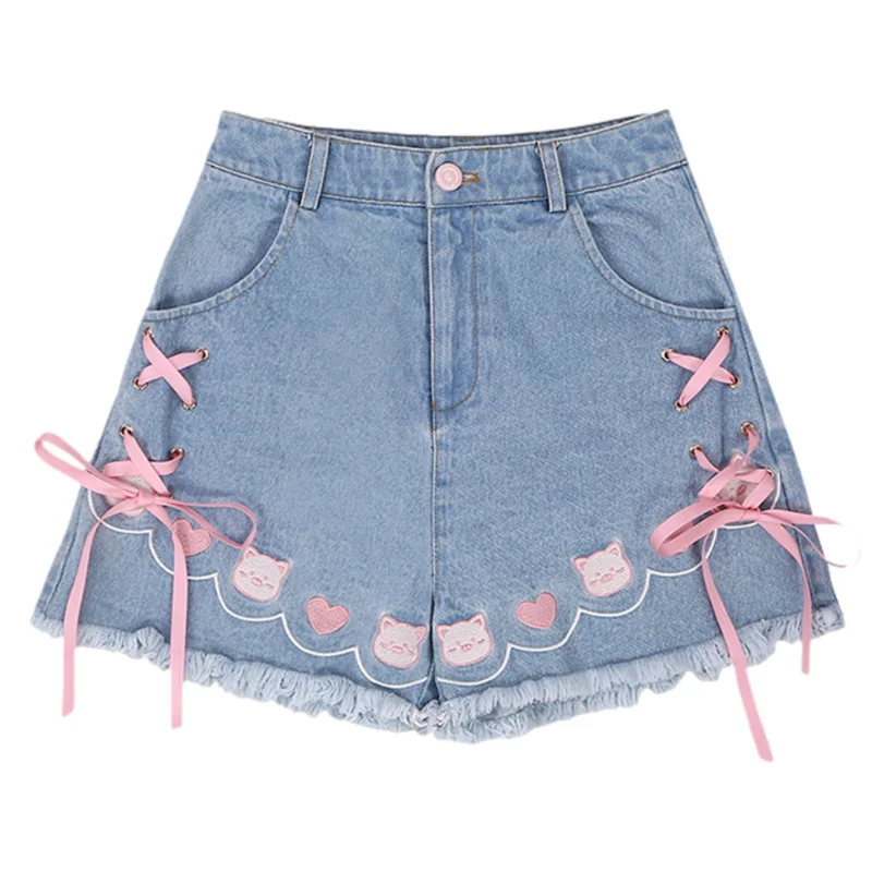 Japanese Kawaii Jean Shorts Women Teen Girls High Waisted Lace Up Cute ...