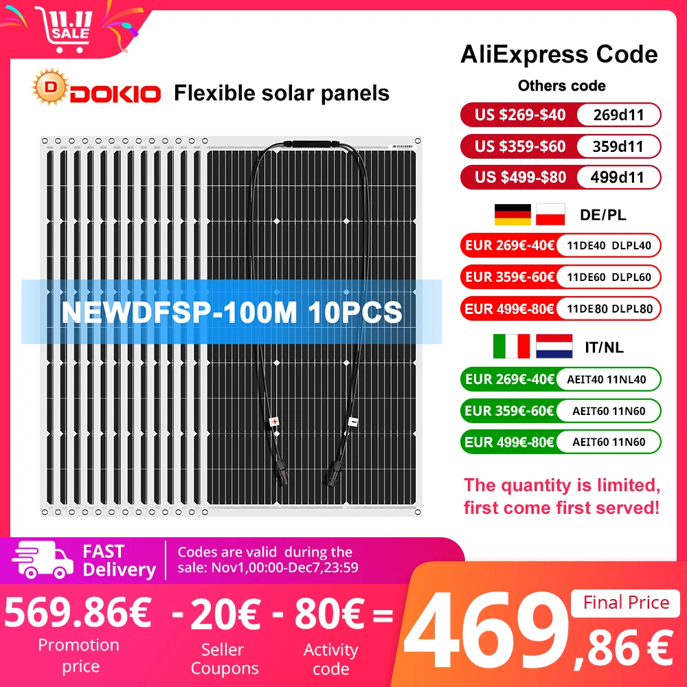 Dokio-18V-10pc-100W-Flexible-Solar-Panel-Monocrystalline-Solar-Panel ...