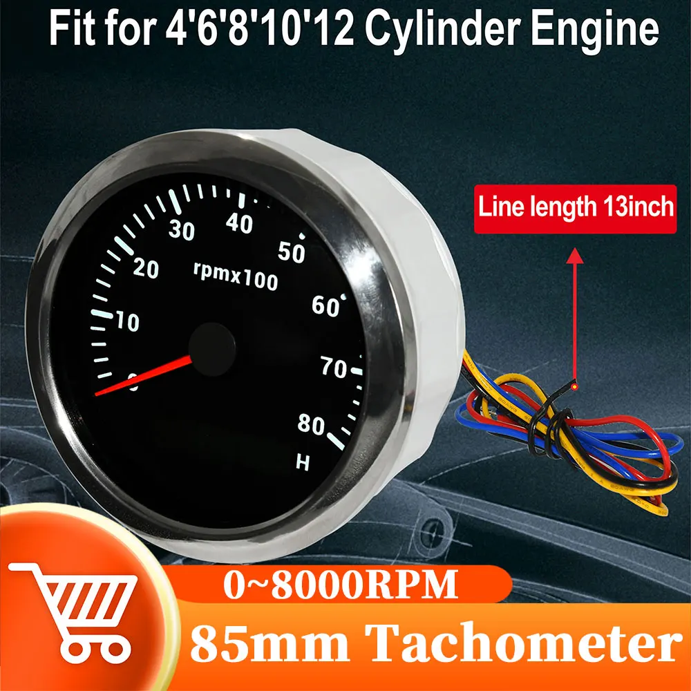 8000 RPM 85MM Tachometer Tacho Gauge With Digital Hourmeter 7 Color ...