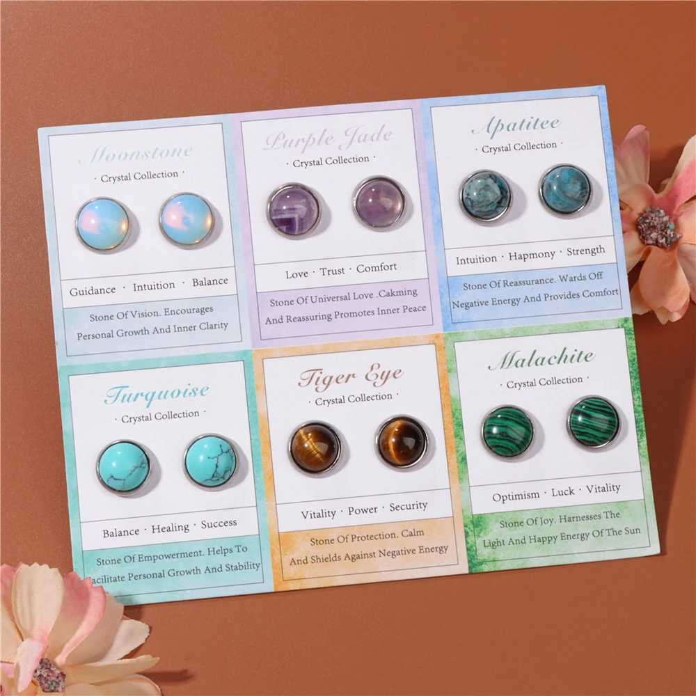 6 Pairs/Set Natural Stone Earrings Fashion Agates Opal Quartzs Earrings ...