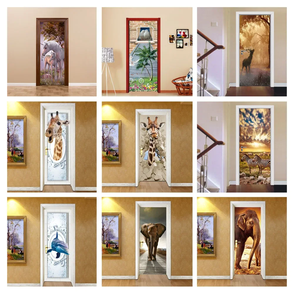 3D-View-Animals-Door-Stickers-Vinyl-Self-Adhesive-Sticker-Waterproof ...