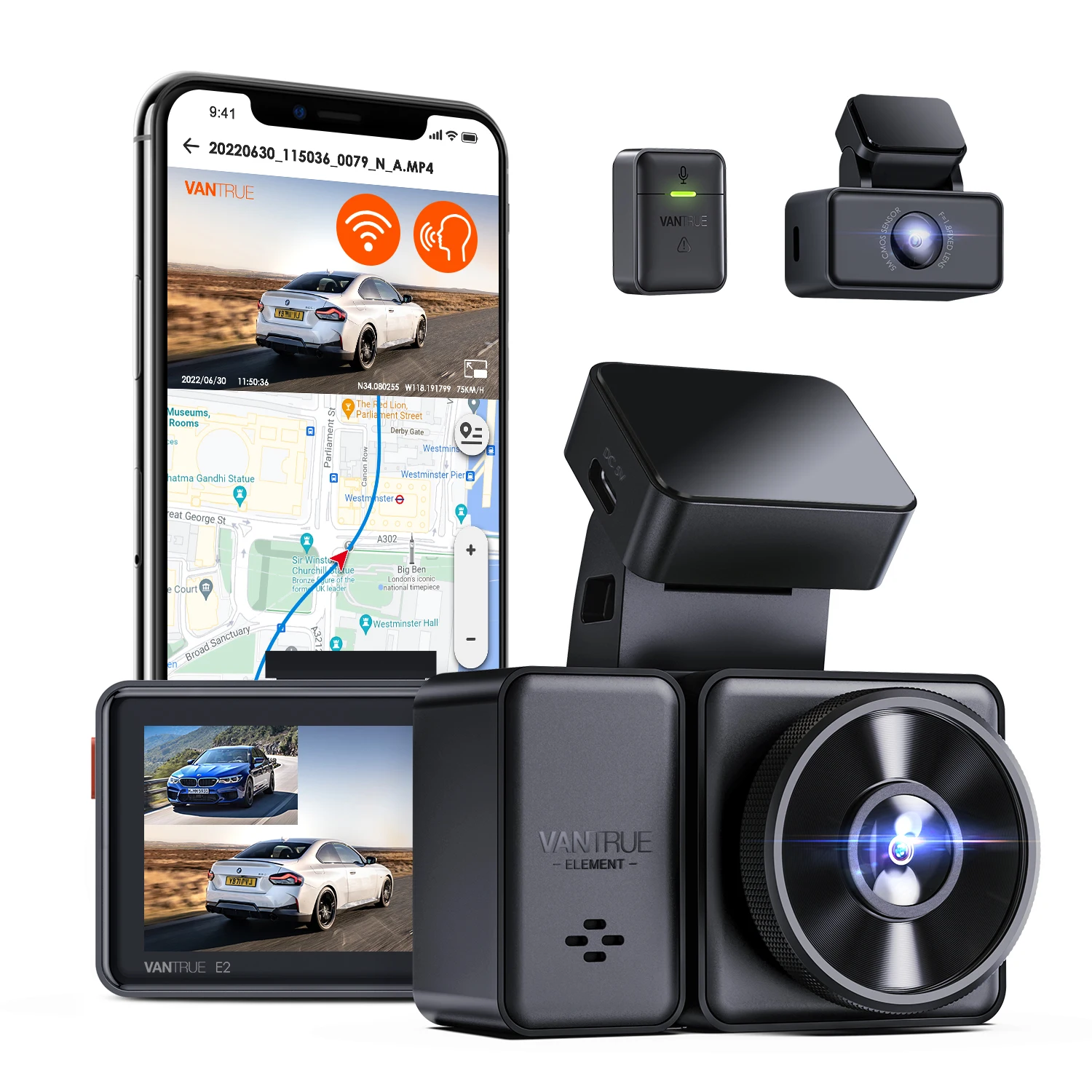Vantrue E2 2.5K Dual Car DVR Front and Rear Dash cam for Car with 5G WiFi GPS Voice Control ...