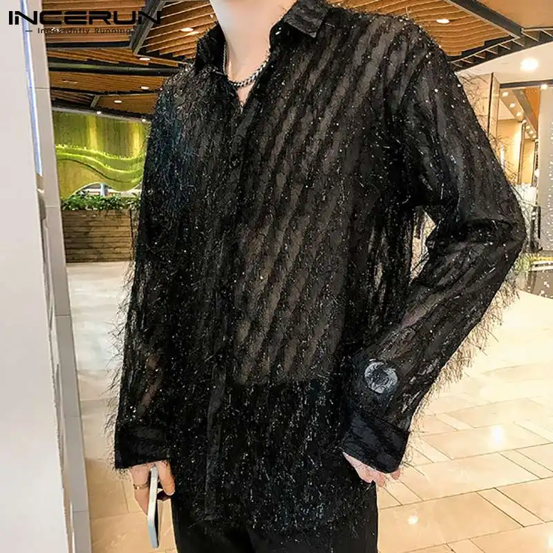 INCERUN-camisa-de-malla-transparente-para-hombre-ropa-informal-de-manga ...