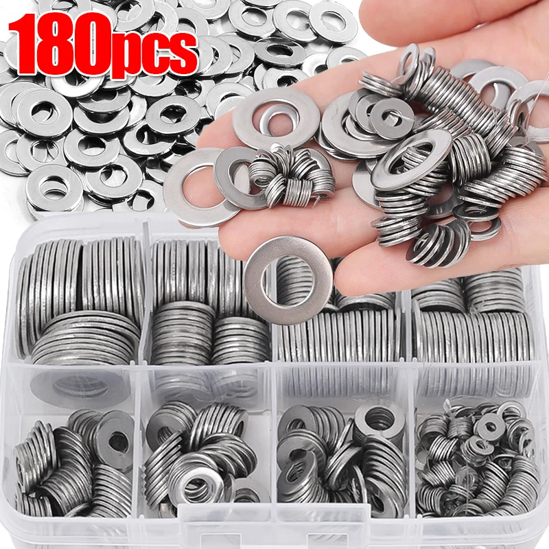 180Pcs-Box-Stainless-Steel-Washer-Repair-Sealing-Flat-Washers-Rings ...