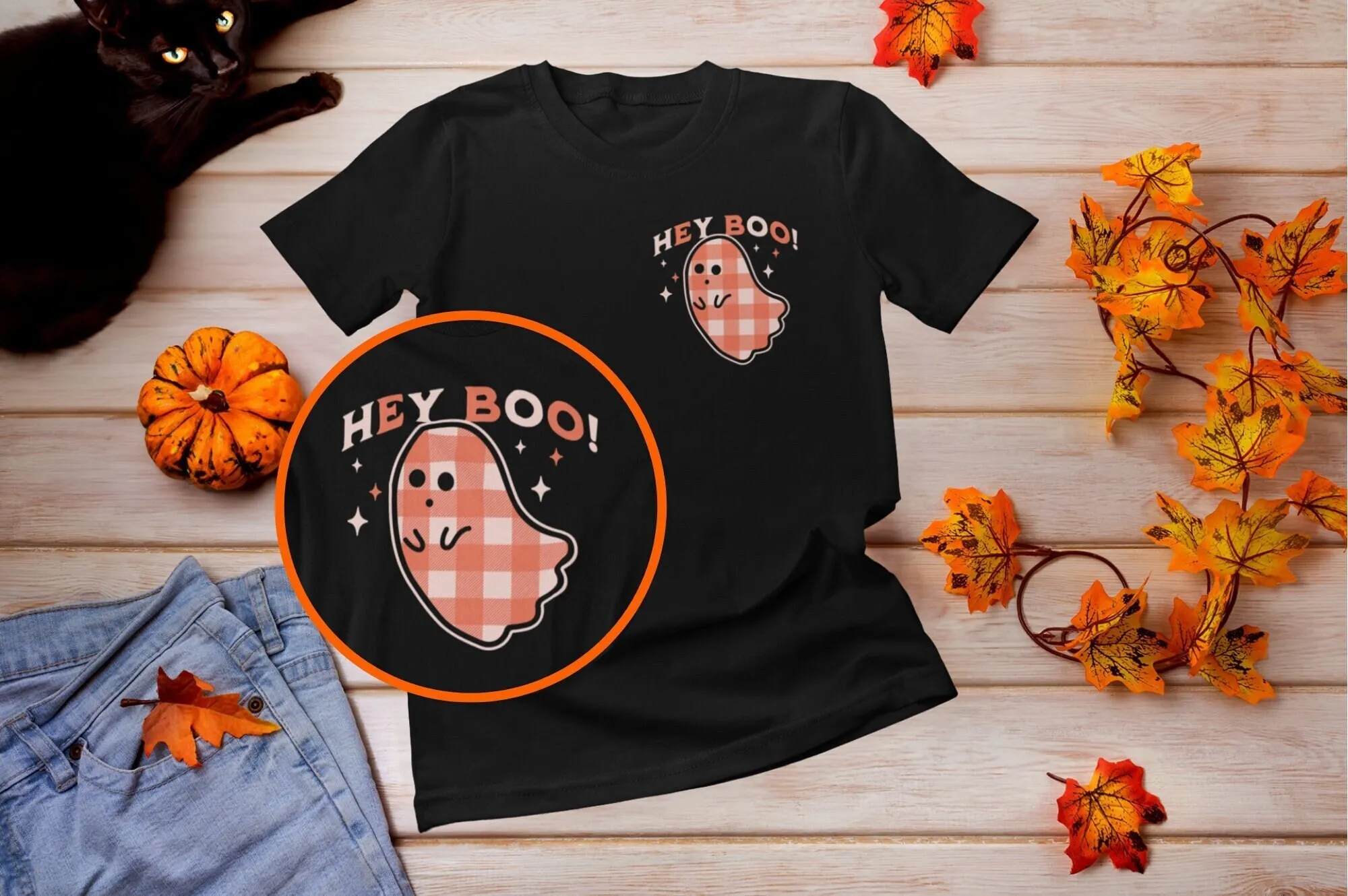 Hey Boo Pocket Design T Shirt Ghost Retro Halloween Spooky Season Plaid ...